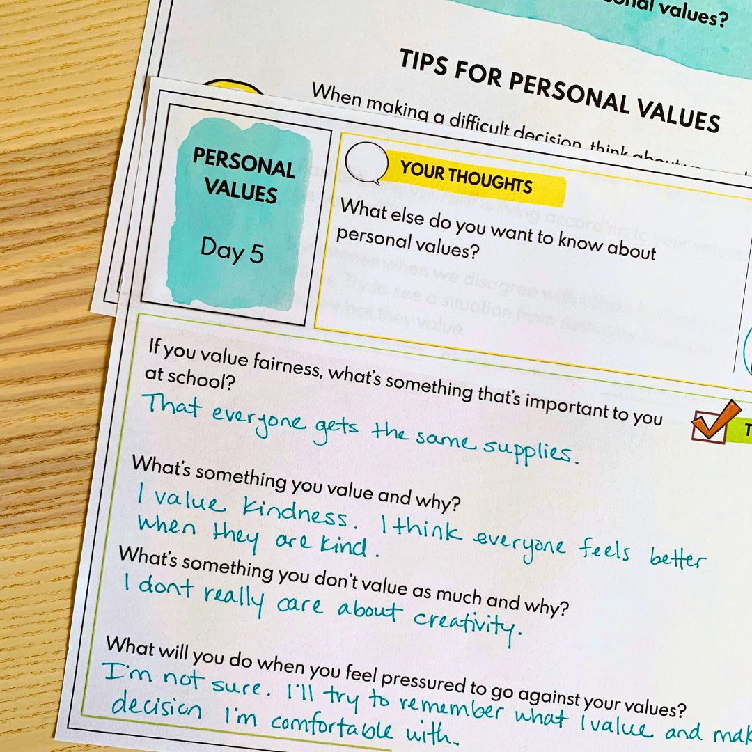 Personal Values Social Emotional Learning Activities - SEL Worksheets ...