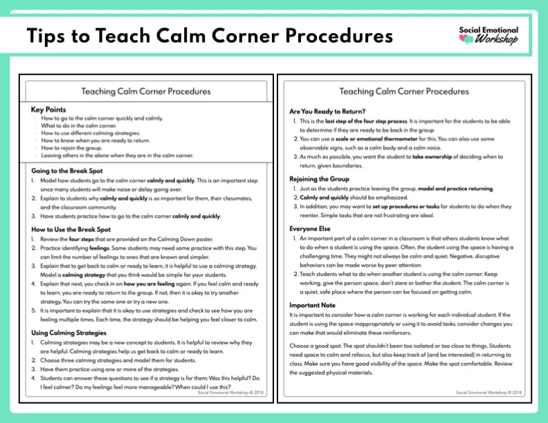 Calm Down Corner Bundle - Self Regulation Tools and Lessons – Social ...